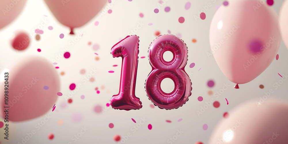 Metallic balloons in the shape of the number 18 in magenta, accompanied ...