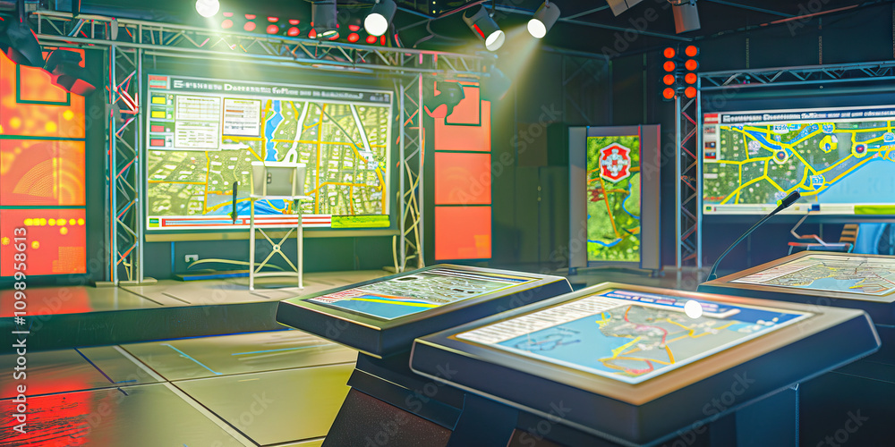 Emergency Dispatch Center Talk Show Stage: A stage designed like an ...