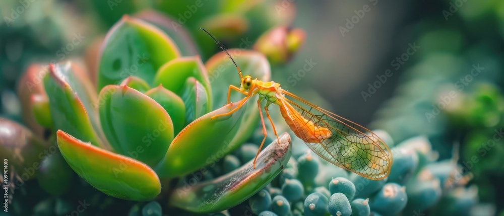 Winged insect lacewing sits on branch of green succulent. Beauty in ...