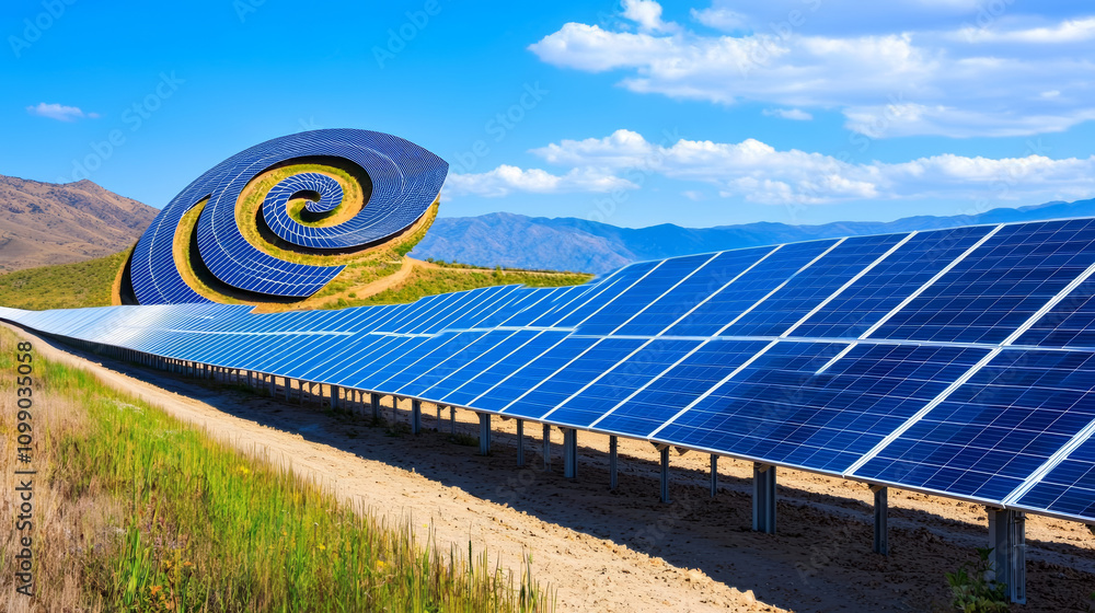 spiral shaped solar farm with rows of solar panels under blue sky ...