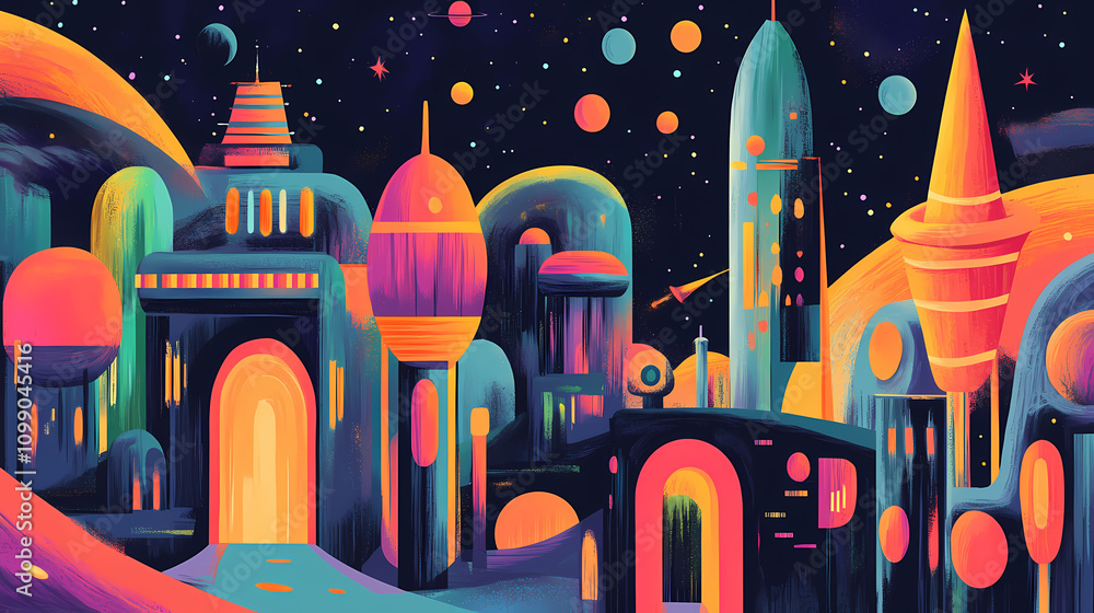 Merge futurism with a postmodern twist in a space exploration setting ...