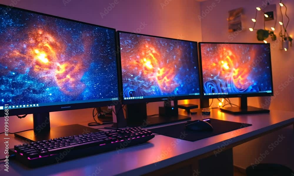 Triple Monitor Gaming Setup with Nebula Wallpaper and RGB Keyboard ...