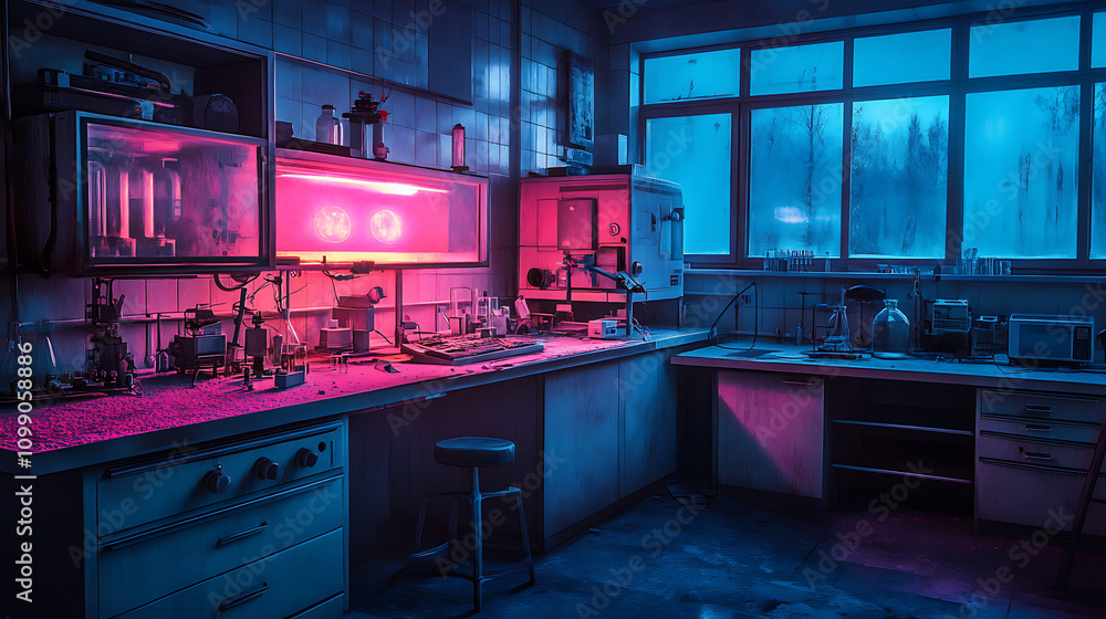 Diagnostic equipment glowing faintly in abandoned lab, mysterious aura ...
