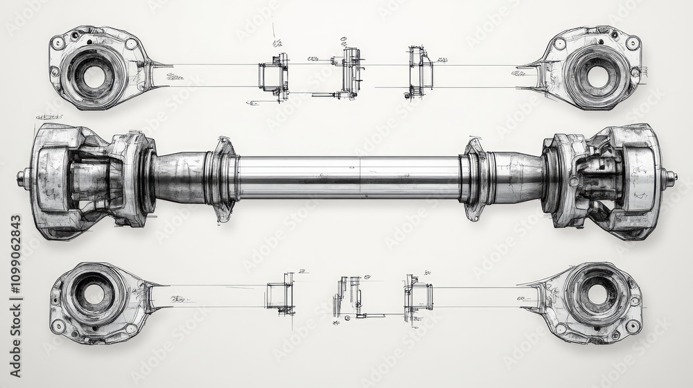 Detailed technical drawing of a long axle assembly with exploded views ...