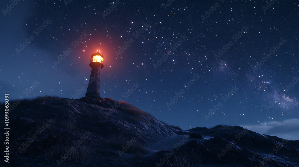 Distress signal glowing faintly atop desolate hill under starry sky, 8k ...