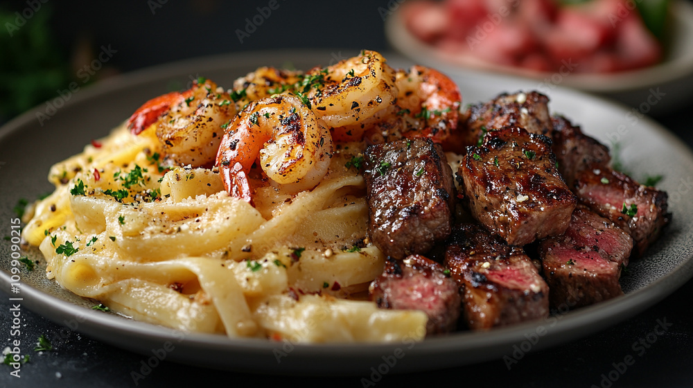 Cajun shrimp and steak Alfredo pasta, rich in color and textures ...