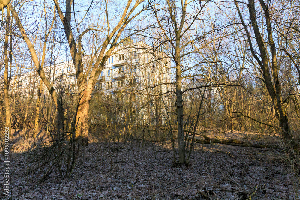 astern Europe,Ukraine, Pripyat, Chernobyl. Exteriors, overgrown trees ...