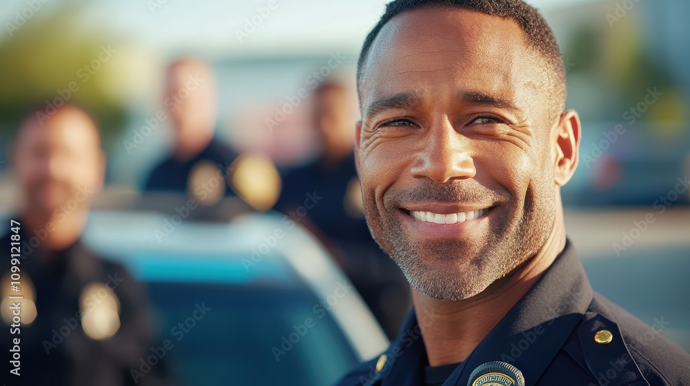 Confident police officer smiling in front of colleagues showcasing ...