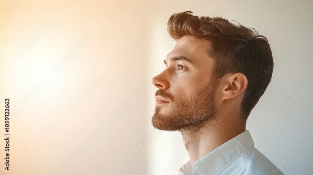 Thoughtful young man gazing into the distance with sunlight ...