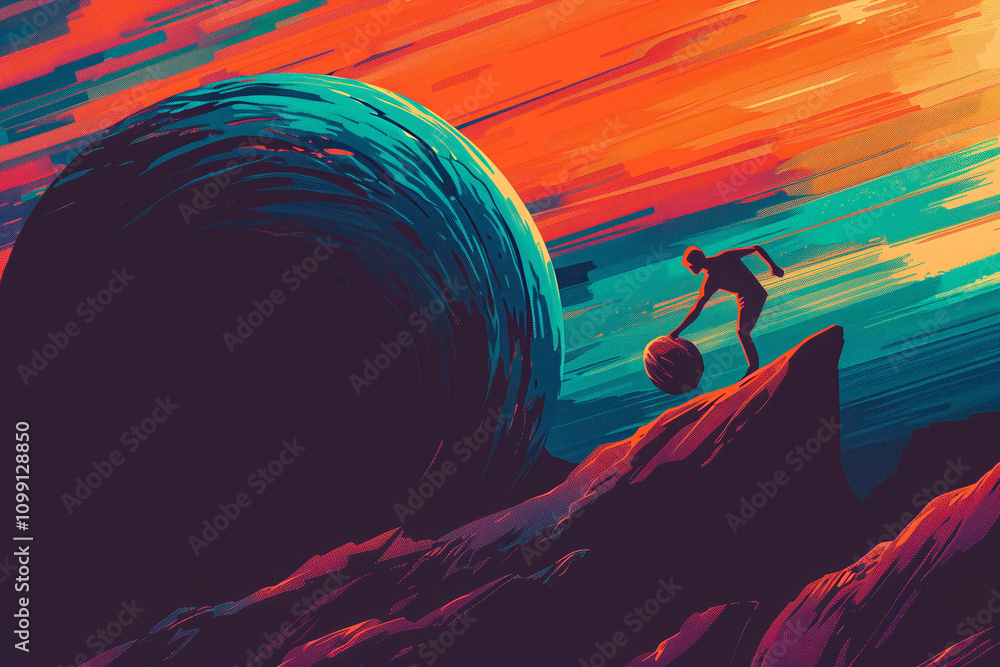 Sisyphus concept with businessperson pushing huge rock up the hill ...