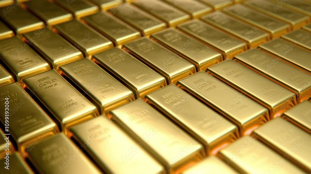 A stack of gold bars, in a row, panoramic camera movement, seamless 3D ... A stack of gold bars, in a row, panoramic camera movement, seamless 3D ...