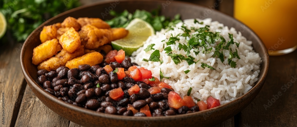 Gallo pinto dish featuring rice black beans and fried plantains costa ...
