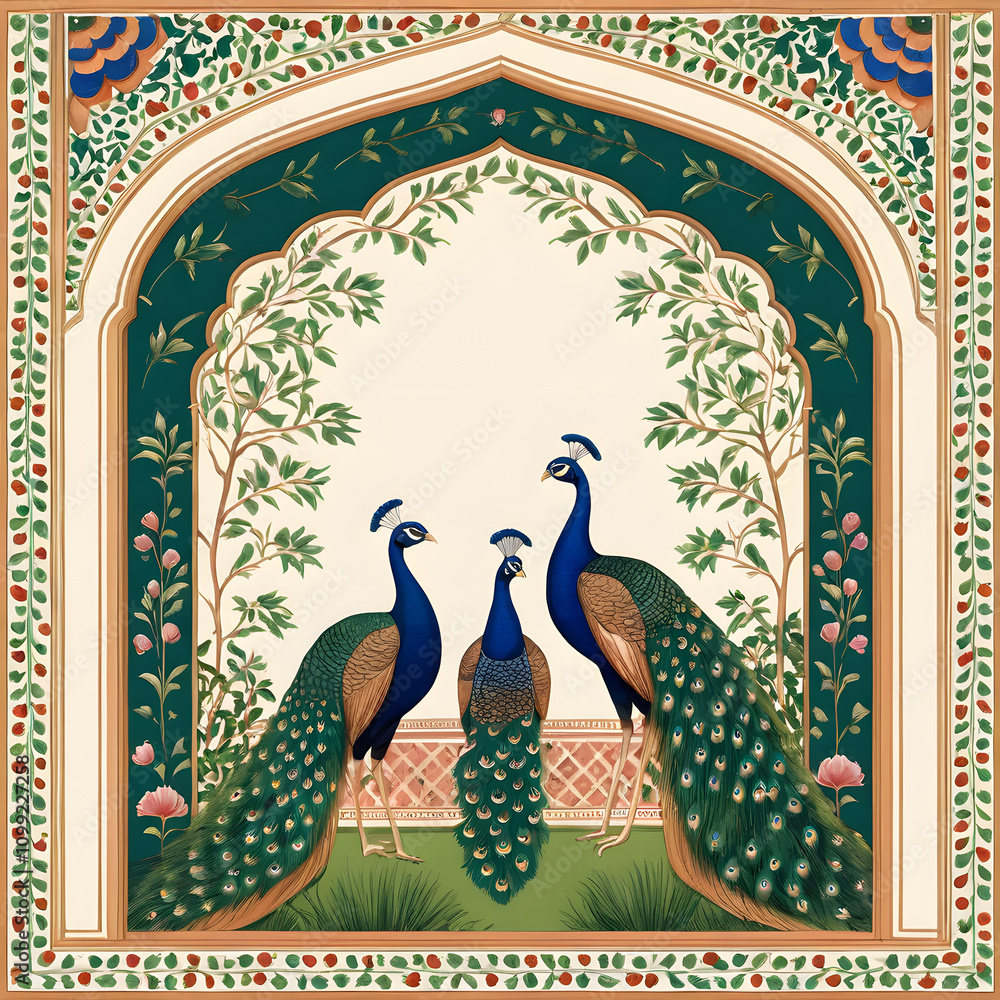 Traditional Mughal Pichwai Art Mughal Garden Peacock Arch Frame Design ...