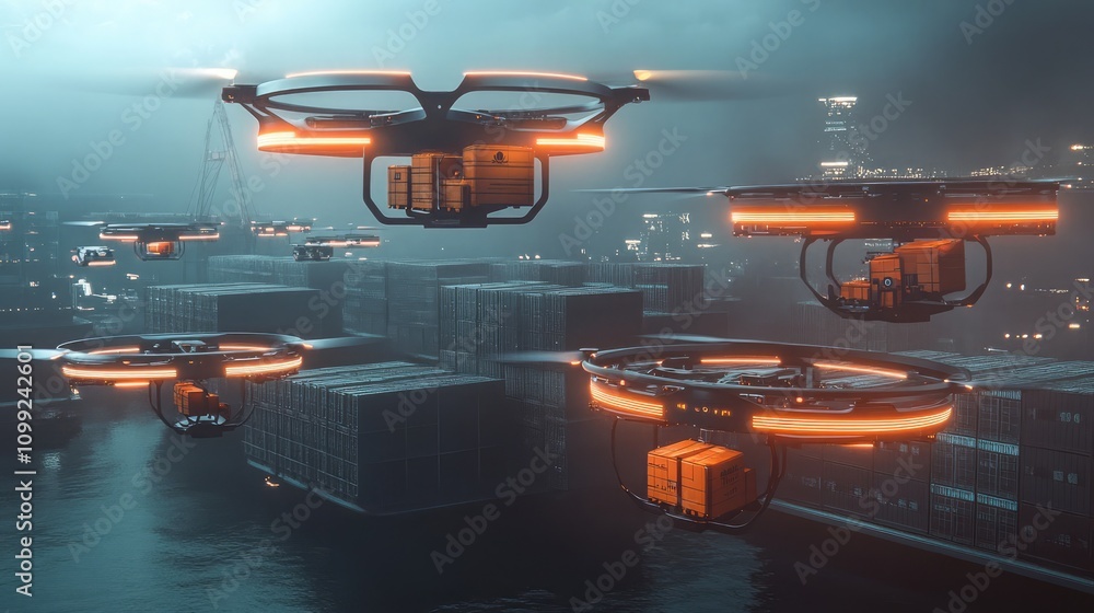 A group of cargo drones flying over a futuristic harbor, transporting ...