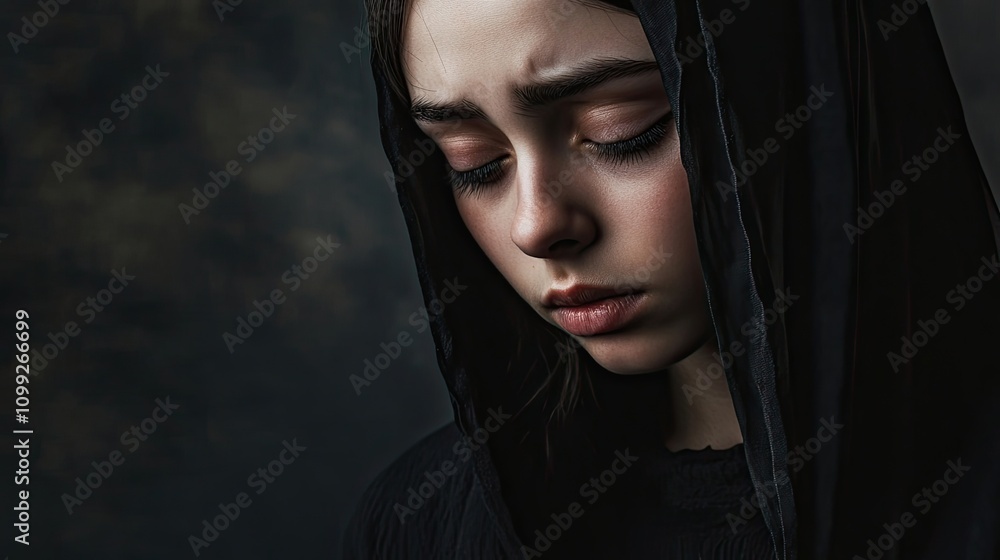 Sad young woman dressed in a black mourning attire, conveying deep ...