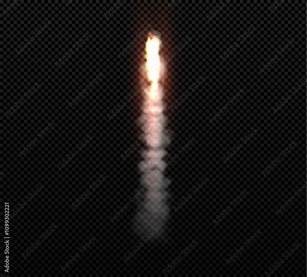 Rocket fire smoke or jet aircraft vector trail, realistic space rocket ...