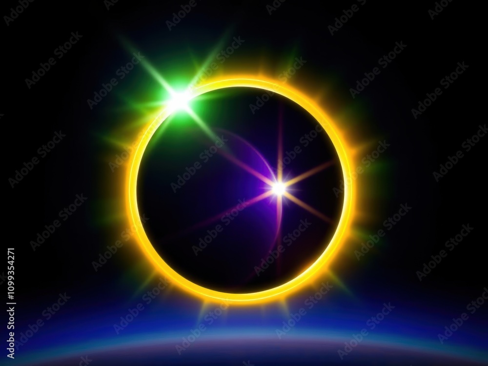 Solar eclipse overlay effect with neon blue, yellow, green, purple ...