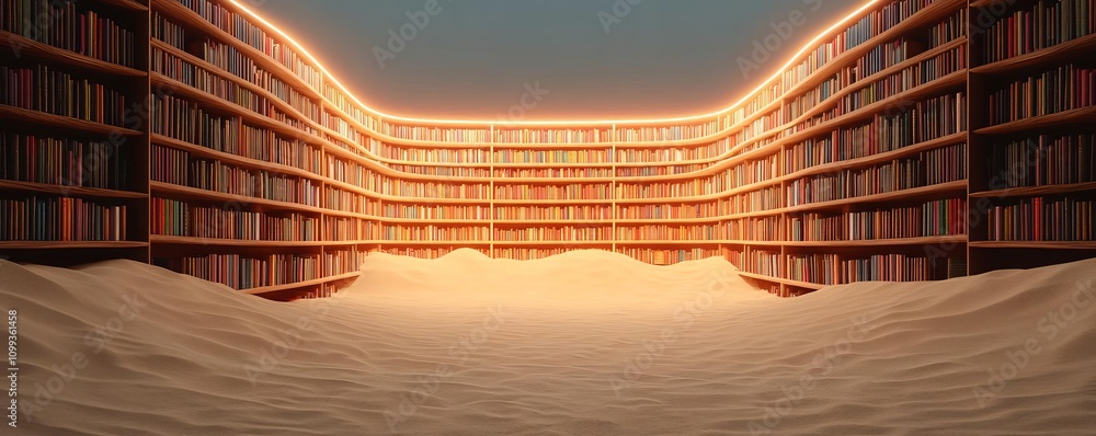 Virtual desert library with bookshelves emerging from sand dunes ...