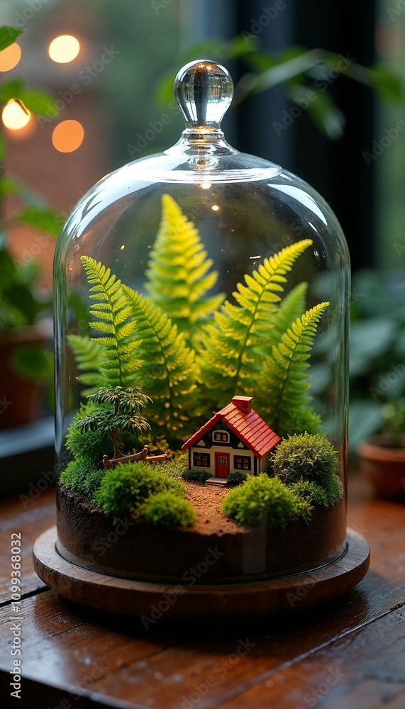 Terrarium with a miniature garden featuring tiny fern plants, moss, and ...