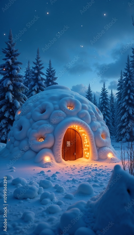 Igloo decorated with lights in a snowy forest at night surrounded by ...