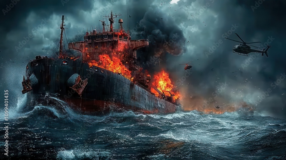 Oil tanker blaze amidst turbulent seas with military helicopter ...