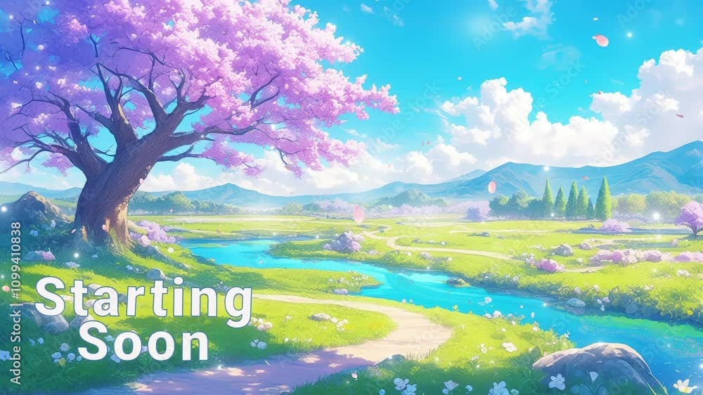 Blossoming trees in a vibrant landscape invite relaxation and ...