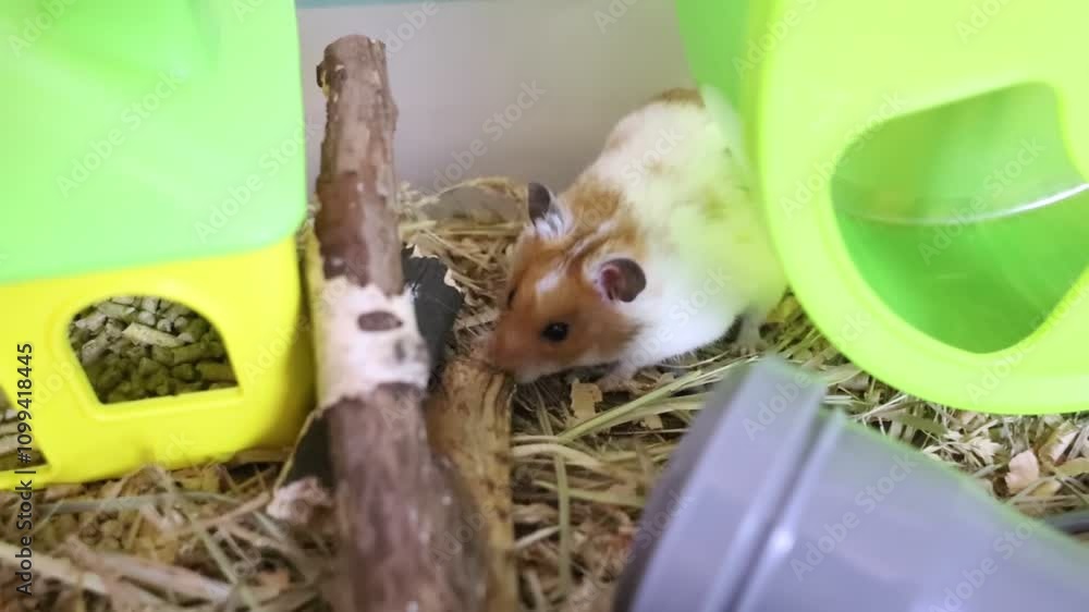 Hamster in the cage. An active pet does a somersault and a roll. A ...