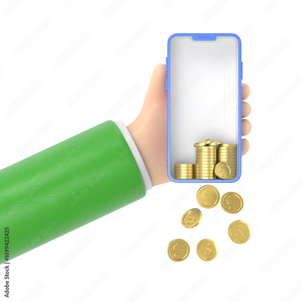 Transparent Backgrounds Mock-up.Cartoon hand with phone and coins ...