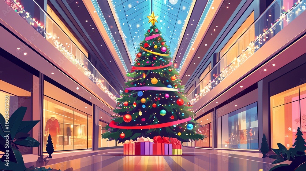cartoon festive scene inside a shopping mall, featuring a large ...