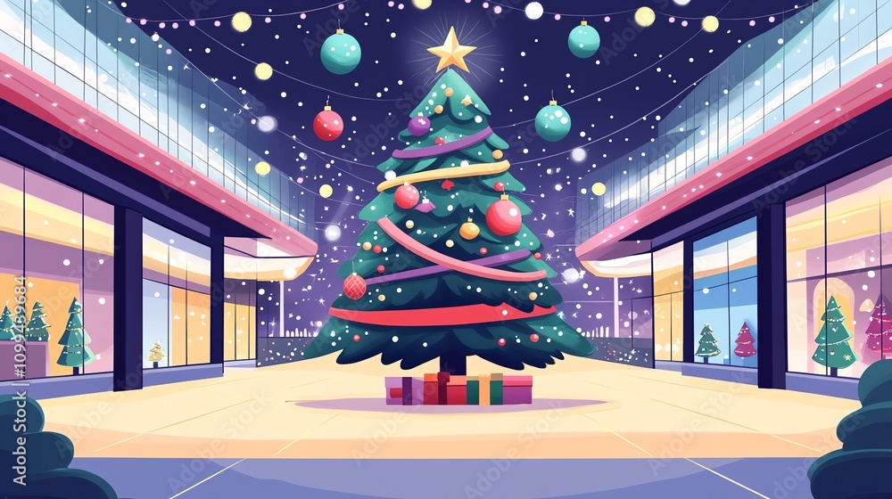 cartoon festive scene inside a shopping mall, featuring a large ...
