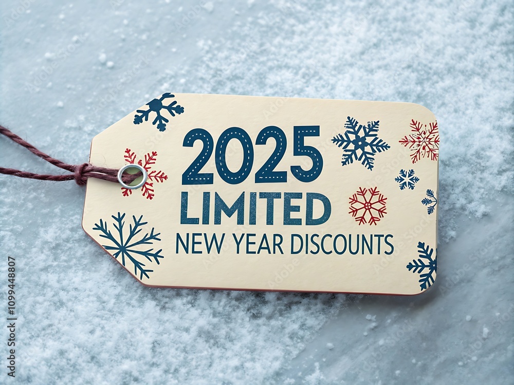 Limited time discounted tags for New Year 2025, featuring snowflakes ...