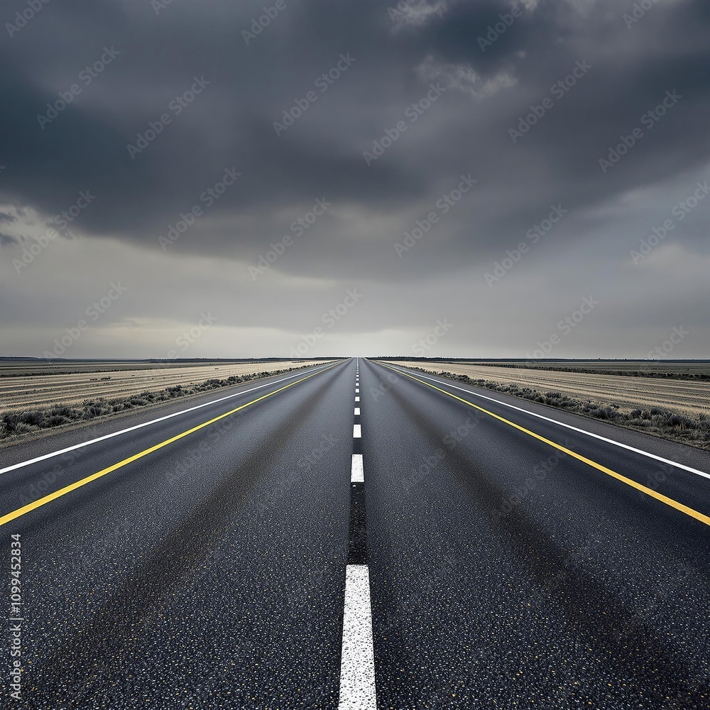 Long stretch of asphalt road with clearly defined lane divisions and ...