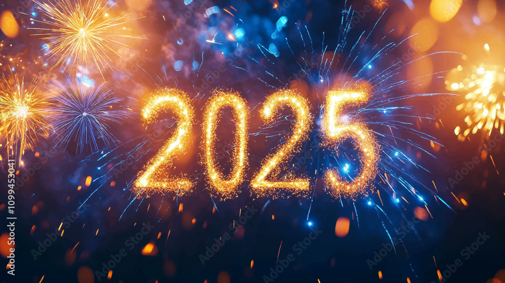 A spectacular fireworks display featuring the year 2025, set against a ...