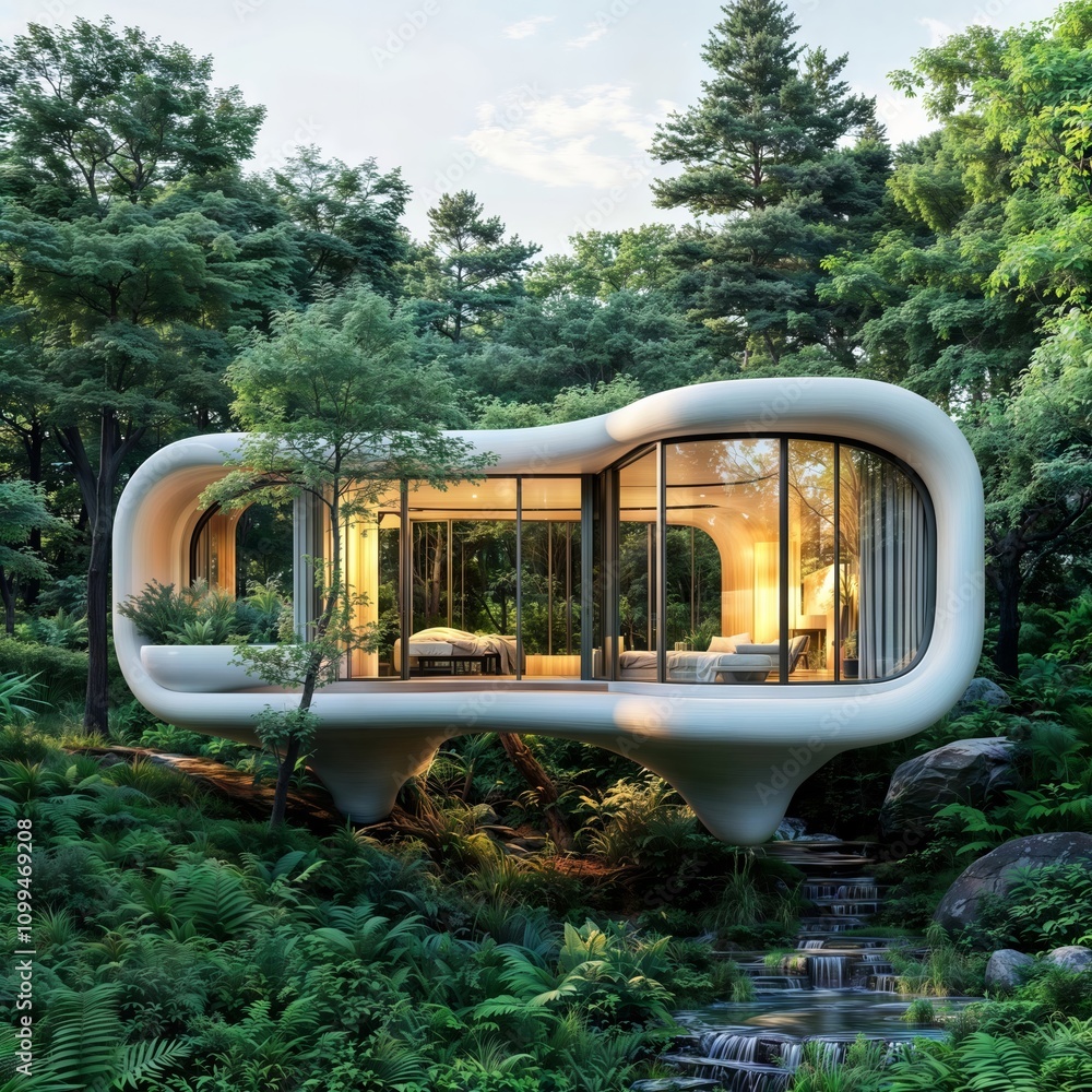 Forest house retreat. 3D rendering of a modern, futuristic house ...