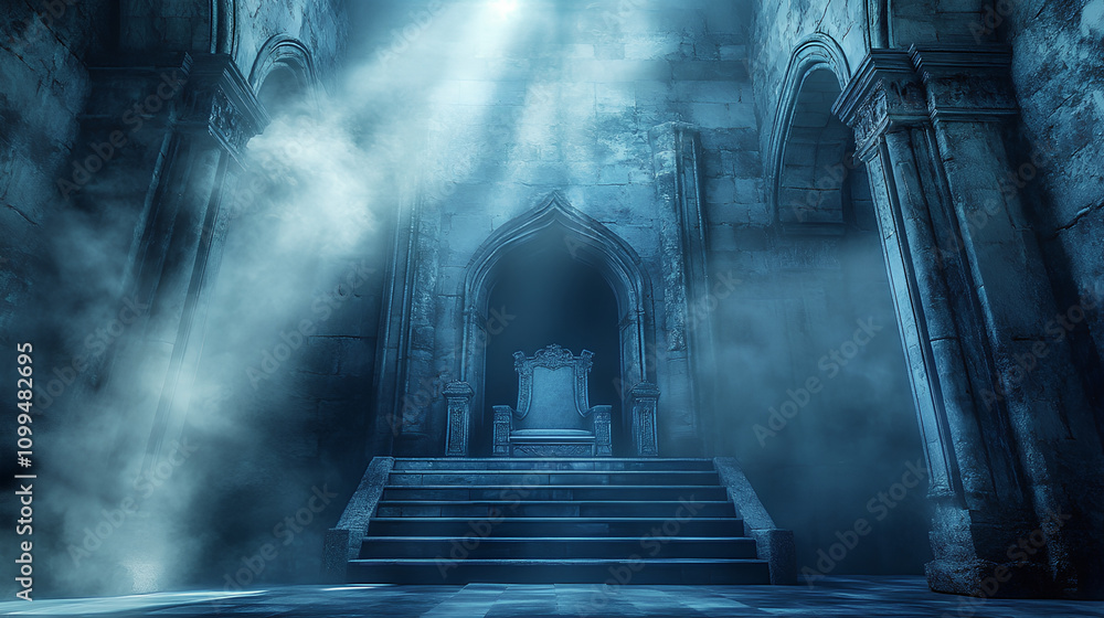 An ancient throne room illuminated by ethereal beams of light breaking ...