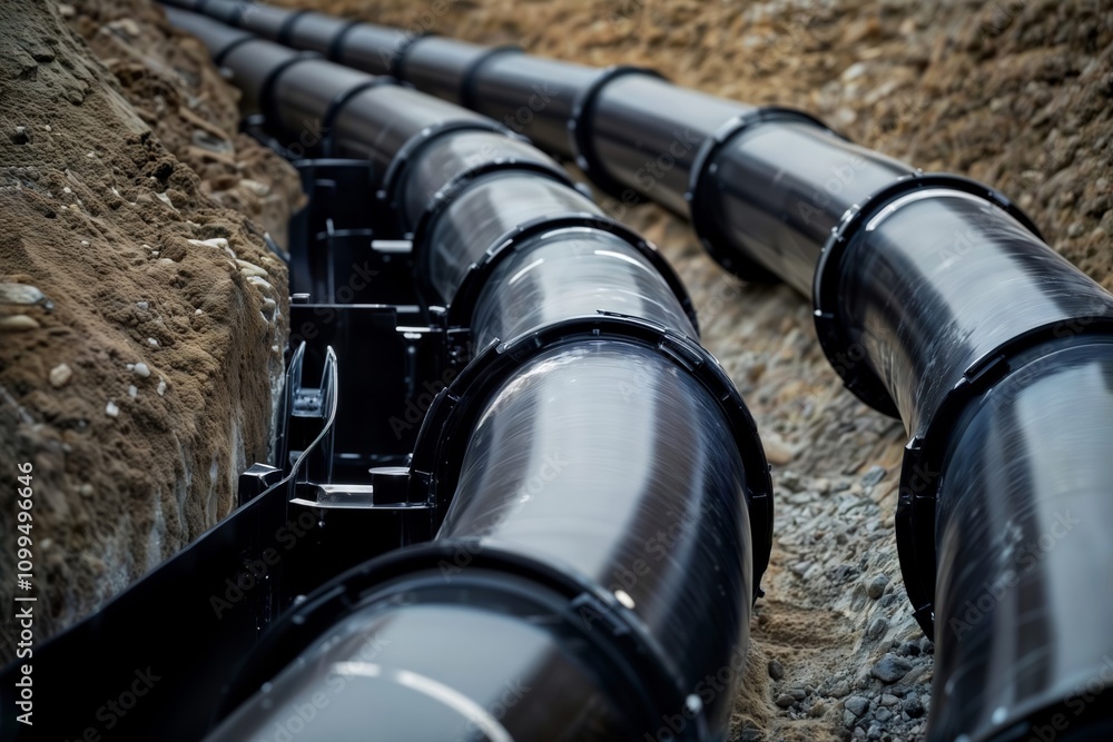 Pipeline in excavation. Multiple large-diameter black industrial pipes ...