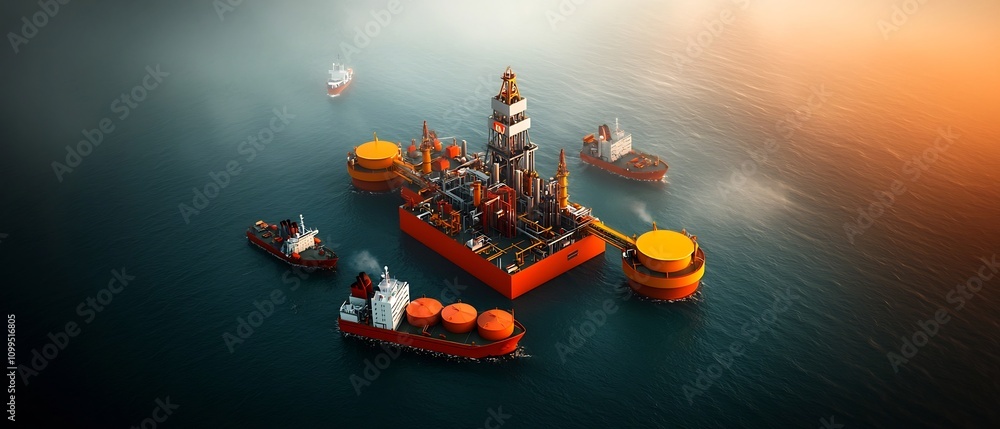 Dramatic aerial overhead panoramic view of a sprawling offshore oil ...