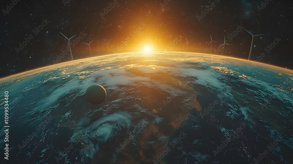 Giant wind turbines orbiting around the Earth generating renewable and ...