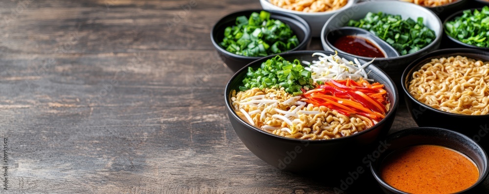 Instant noodles concept. DIY instant noodle bar setup with various ...