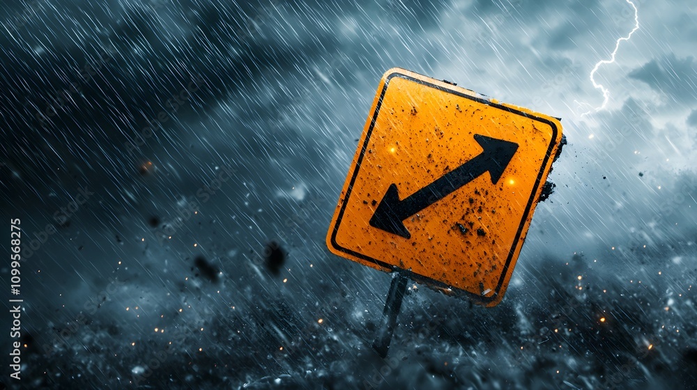 A broken road sign, tilted in a gusty storm, black clouds swirling ...