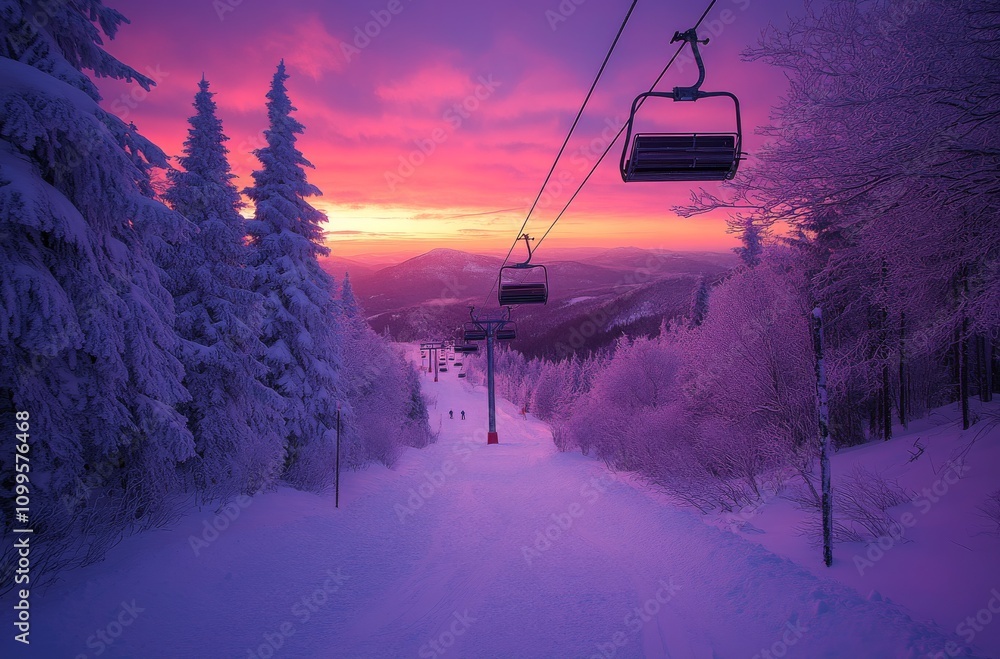 Purple sunset in ski park resort, Ski lift, beautiful mountain scenery ...