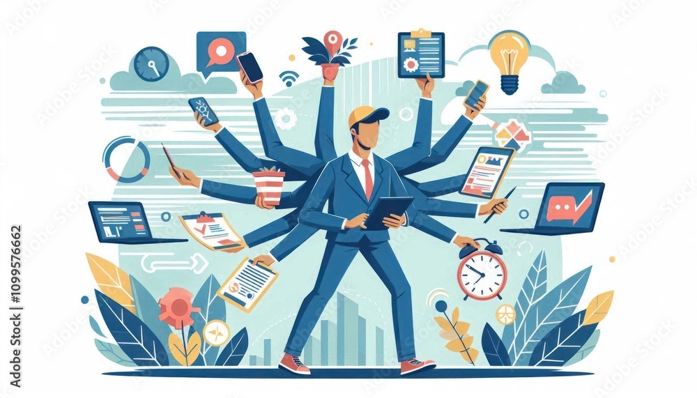 Economy worker juggling multiple roles with technology and tasks ...