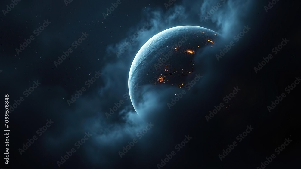 Mysterious dark matter planet with a shadowy aura and twinkling stars ...