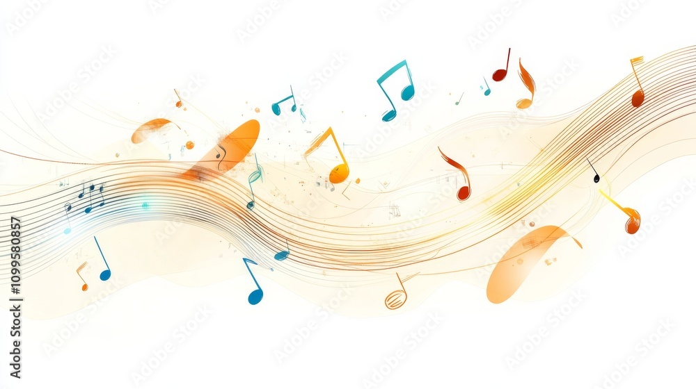Music notes on a wavy musical staff, a simple white background design ...