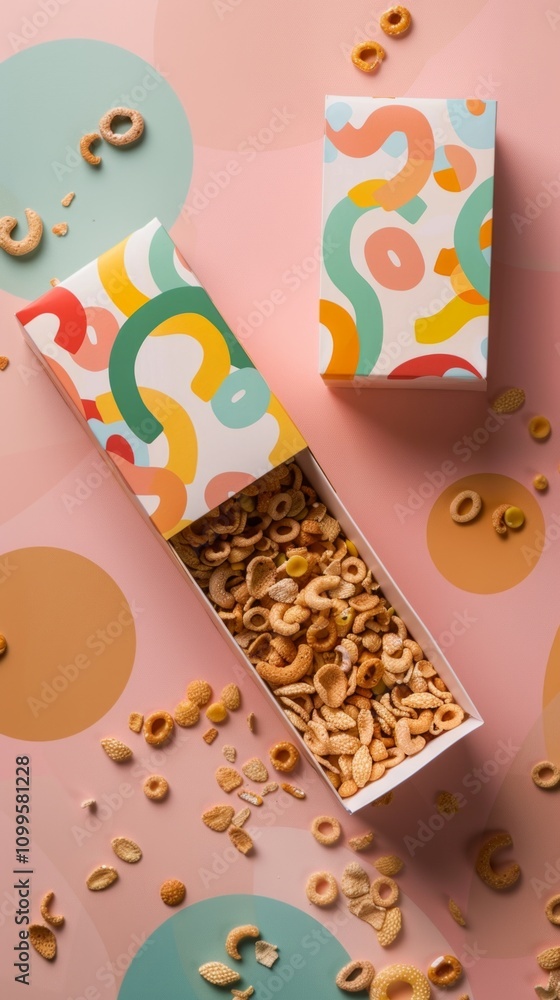 Image shows a vibrant cereal box on a pink table with colorful cereal ...