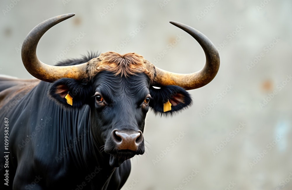 Close-up view of black bull head. Animal big brown horns, intense eyes ...