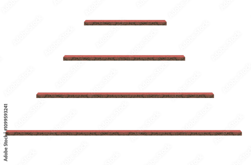 Short and long red marble window sill slabs, top side view. On isolated ...