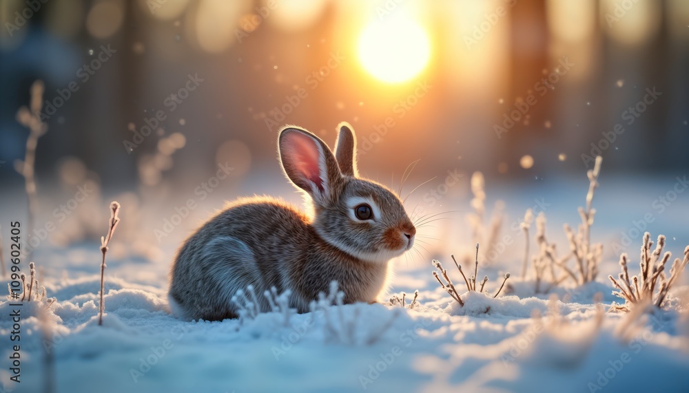 Small rabbit sits in snowy field during frosty winter morning. Soft ...