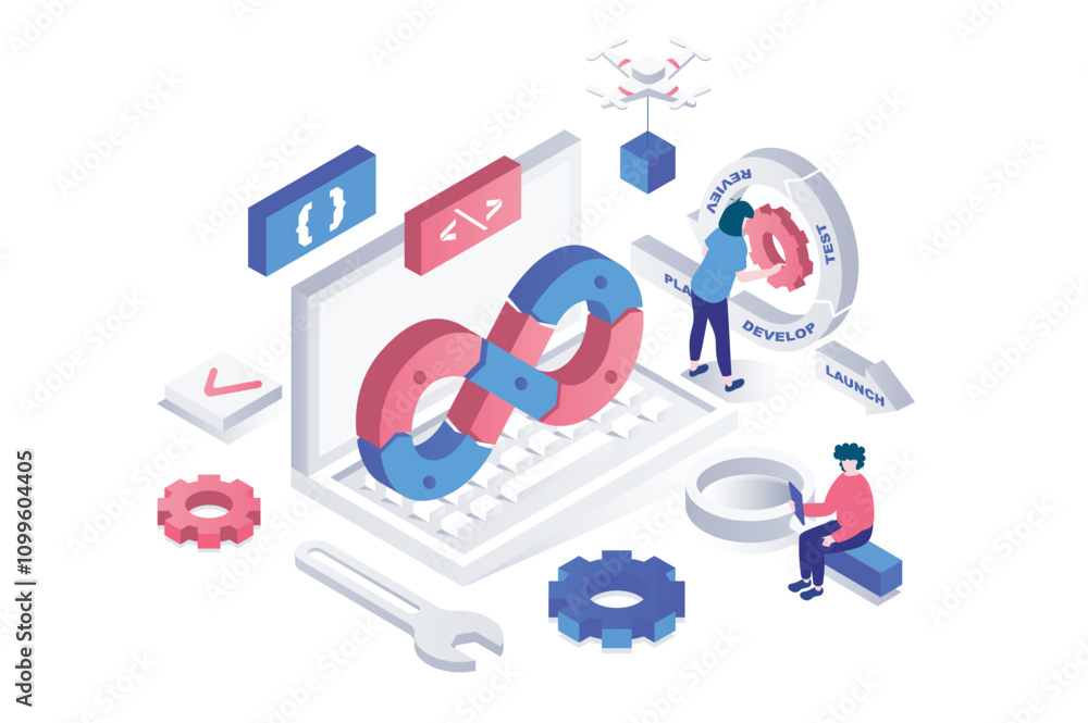 DevOps 3d isometric concept in geometry graphic design for web. People programmers and engineers ...