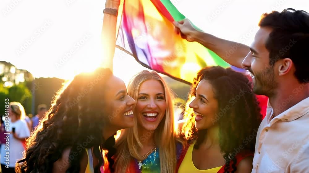 Young diverse people having fun holding LGBT rainbow flag outdoor - Gay ...